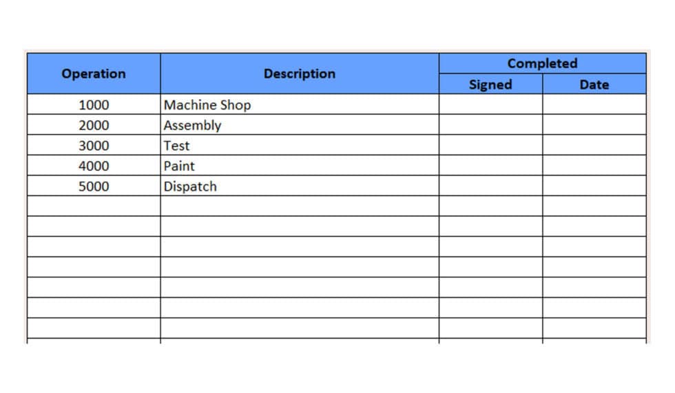 Manufacturing Traveller Excel Template - Metis Automation